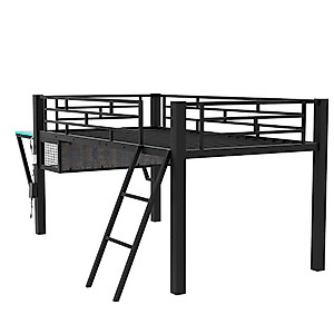 Linique Twin Size Gaming Loft Bed with Desk, LED and Staircase, Metal Loft Bed Frame with Vented Mesh Undercarriage Storage, Black