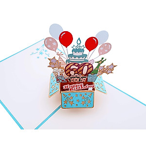 iGifts And Cards Happy 60th Blue Birthday Party Box 3D Pop Up Greeting Card – Sixty, Awesome, Balloons, Presents, Unique, Celebration, Feliz Cumpleaños, Fun