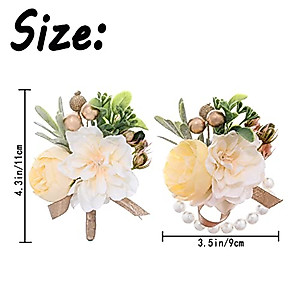 Campsis Wedding Corsage Boutonniere Champagne Rose Pearl Flower Wrist Corsage Groom Boutonniere Flower Decor Girls Bride Bridesmaid Lady for Prom and Dinner Party(2pcs)