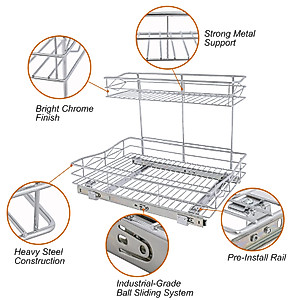 TQVAI Pull Out Cabinet Organizer, 2 Tier Under Sink Storage Shelf with Sliding Drawer, Wire Kitchen Slide Out Basket - 11.75W x 17D x 13.25H, Request at Least 12.5 Inch Cabinet Opening