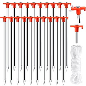 Tent Stakes,20 Pack Non-Rust Camping Family Tent Pop Up Tent Stakes,Heavy Duty Metal Tent Pegs,Steel Ground Stakes,Camping Stakes Canopy Stakes for Outdoor Camping Canopy and Tarp,with 8x10FT Ropes