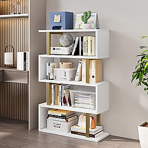 SORCEDAS Bookshelf Geometric Bookcase S Shaped Industrial Bookshelf Storage Display Stand Shelf for Living Room Bedroom and Office Room (White, 4 Tier)
