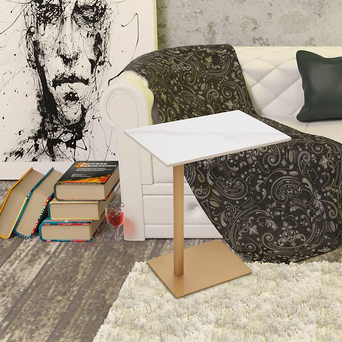 Cre Cra C Shaped End Table Snack Side Table for Couch Marble Top Under Couch Table Sofa Side Table for Couch Living Room Bedroom