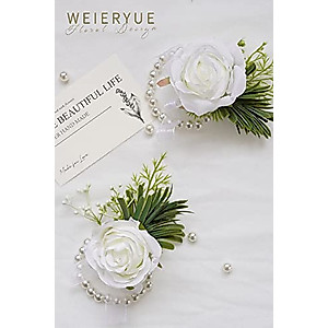 WEIERYUE White Rose Wrist Flowers and Men's Corsage Wedding Flowers Ceremony,2Pcs Boutonniere Buttonholes and Wrist Corsage Wristband Roses Wrist Corsage(White Rose Set)
