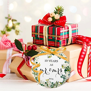 10 Year Anniversary Ornament 2024, 10th Anniversary Collectible Holiday Christmas Ornaments, 10 Year as Mr and Mrs Gift for Couple, 2.9" Ceramic 10th Wedding Anniversary Ornament