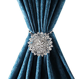FURIJING Magnetic Crystal Curtain Tie Backs,Curtain Bling Tiebacks,Crystal Curtain Holdbacks,Tie Back Curtains Magnetic Drapery Tiebacks,Sparkling Flower Curtain Buckle Holder-FWF001Silver-2 Pack
