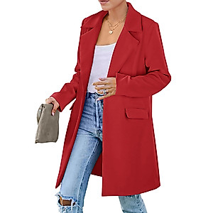PRETTYGARDEN 2024 Fall Long Blazer Jackets for Women Long Sleeve Lapel Pockets Loose Fit Business Casual Blazers Outfits (Red,Small)