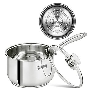 Stainless Steel Saucepan,DERUI CREATION 1.5 QT Food Grade 304 Stainless Steel Soup Pot and Steamer Basket,Cooking Pot with Lid (16cm（1.5QT）, Silver)