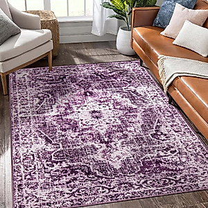 Washable Area Rug 5X7,Purple Bohemian Medallion Area Rug Vintage Living Room Rug Entrance Carpet Non-Slip Throw Rug for Bedroom Living Room Kitchen Laundry Room Entryway