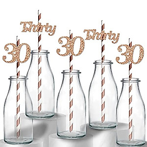 Happy 30th Birthday Straws, Rose Gold Glitter 30 Years Old Paper Straws, 30th Anniversary/Birthday Party Drinking Decorative Straws - 24pcs