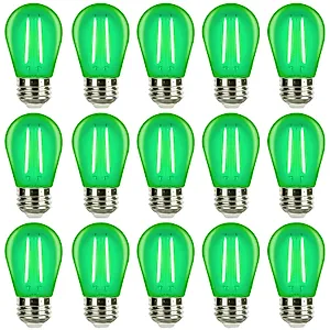ZHZHLED Green S14 LED Bulbs 2 Watt Replacement Bulbs for Outdoor String Lights, Shatterproof Waterproof E26 Base Vintage LED Filament Green Light Bulbs for Christmas Halloween Decoration, 15 Pack