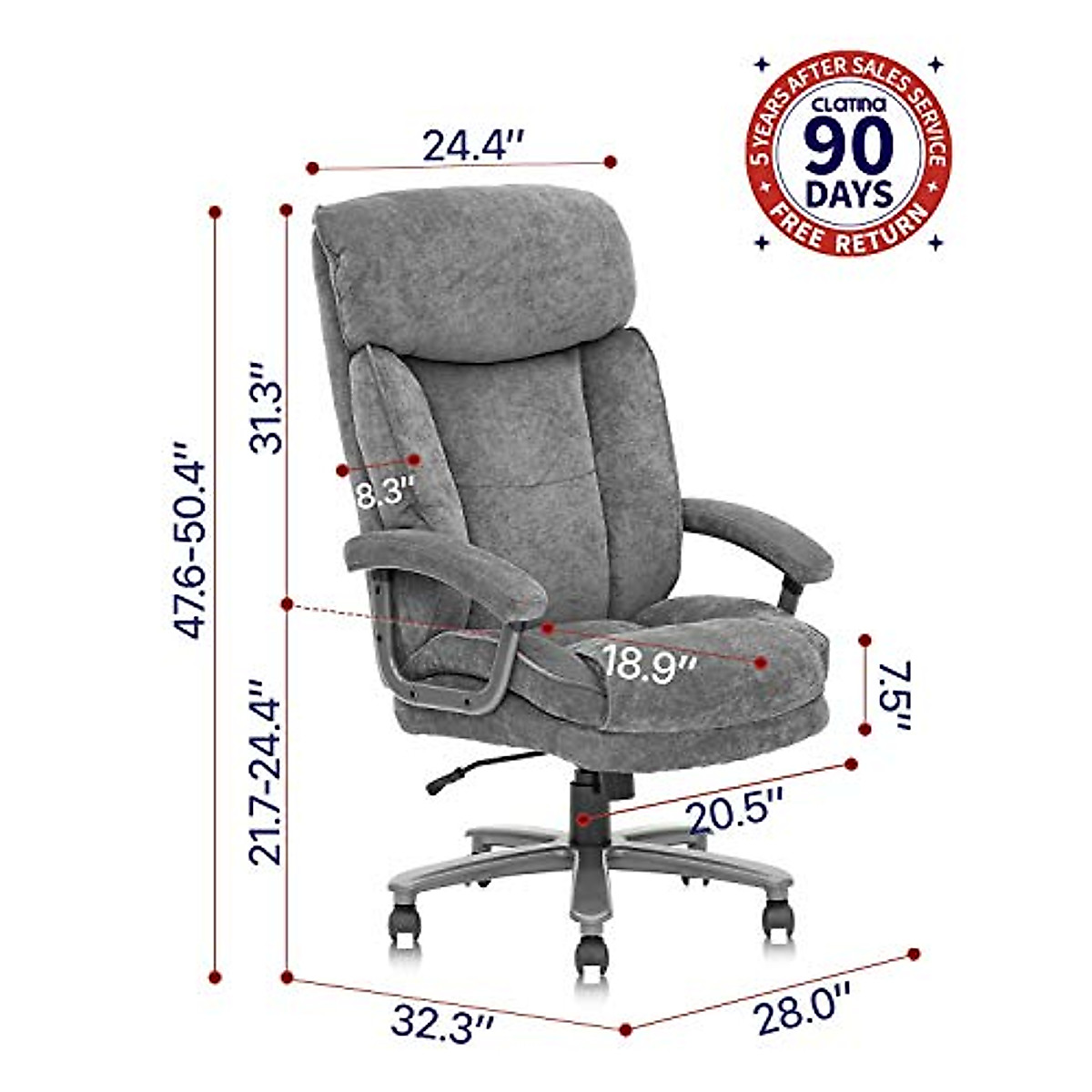 CLATINA Ergonomic Big and Tall Executive Office Chair with Upholstered Swivel 400lbs High Capacity Adjustable Height Thick Padding Headrest and Armrest for Home Office Grey
