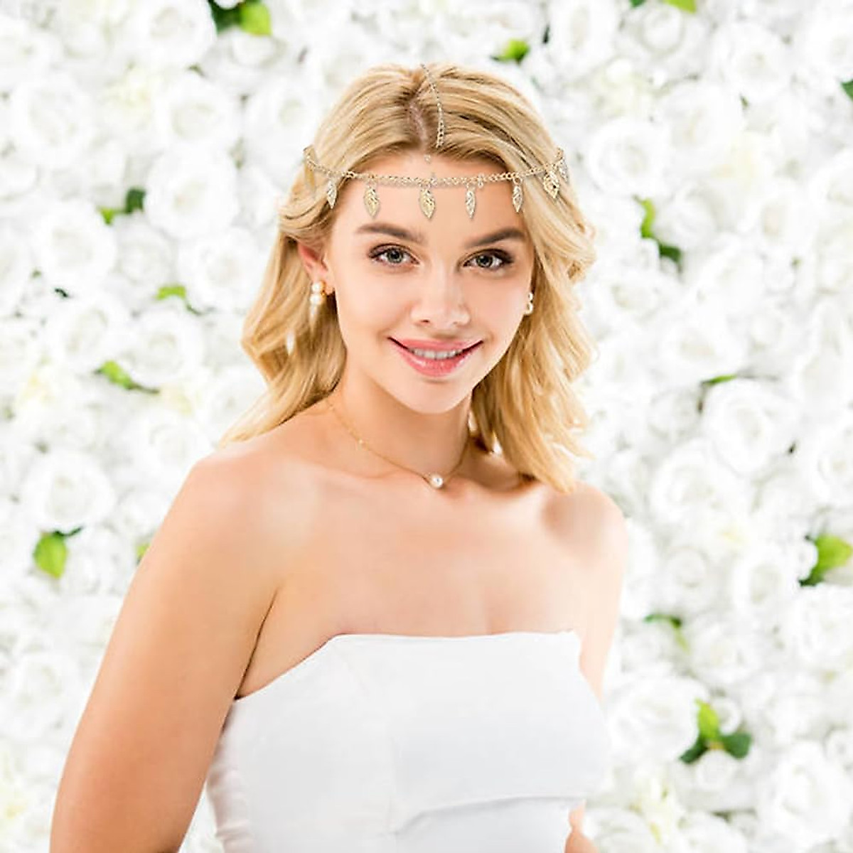 Dizila 8 Pieces Gold Head Chains with Rhinestone Pearl Leaf Coin Festival Prom Wedding Bridal Jewelry Boho Headbands Tassel Forehead Chain Hair Bands Headwear Headpieces for Women Girls