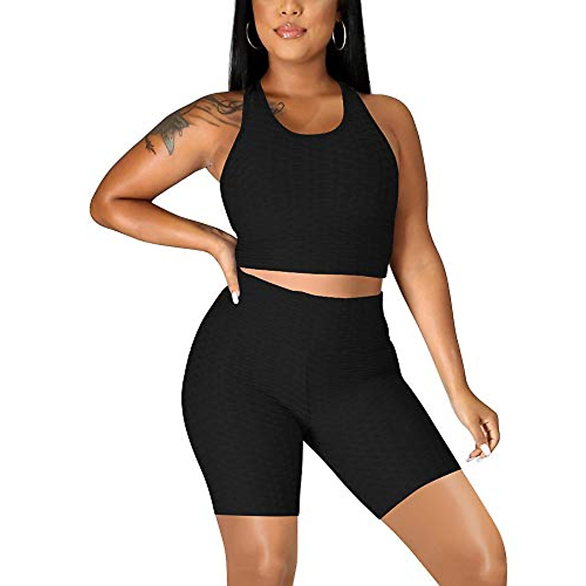 cailami Workout Sets for Women 2 Piece Outfits Sexy Gym Crop Tank High Waist Biker Shorts Yoga Sets, Medium, Black