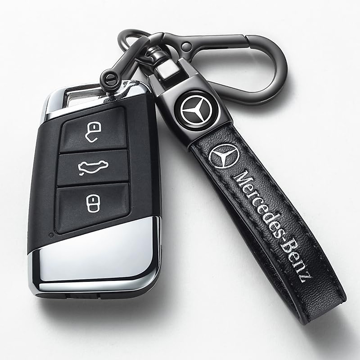 SunteeLong Genuine Leather Car Keychain Set Mercedes-Benz for A-Class C-Class CLA CLS AMG GLC GLE GLS Men's and Women's Family Present Keychain Keyring Lanyard Accessory (Black)