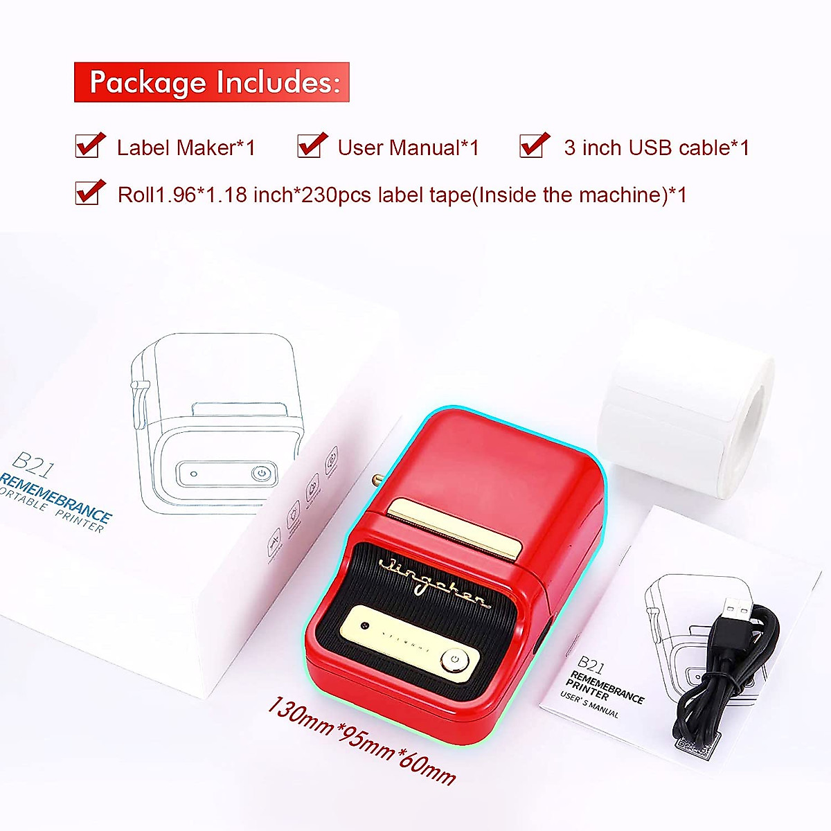 Smart Label Maker B21 with 230 Labels Bluetooth Thermal Price Barcode Label Printer Mailing Address Labels Machine Compatible with Android & iOS Applied to Organization Home Office Business (Red)
