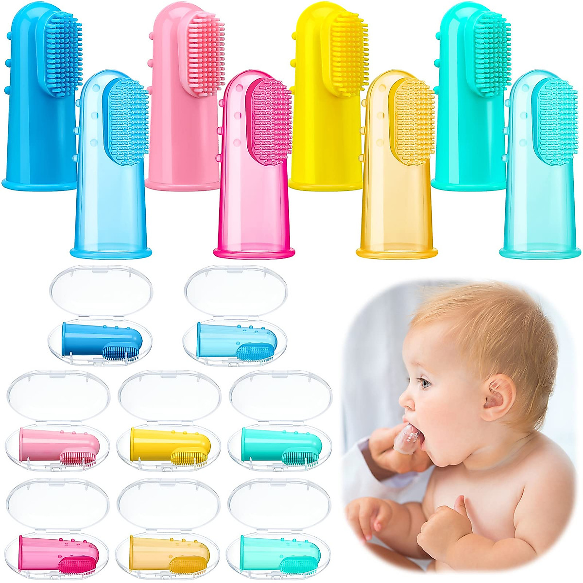 Zopeal 8 Sets Baby Finger Toothbrush for Toddler Kids Silicone Soft Finger Toothbrush for Infant Toddler Training Teething Oral Cleaning Massaging