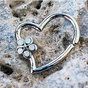 Amelia Fashion 16 Gauge Opal Flower Heart Nose Hoop Cartilage Ring Annealed 316L Surgical Steel (Steel & White Opal)