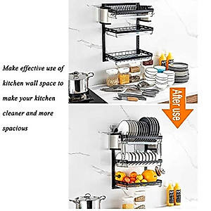 FEHUN Sinks,3-Layer Kitchen Shelf 415 * 26 * 545Cm,Wall-Mounted Stainless Steel Drain Rack Dish Rack with Holder,Chopsticks Cage