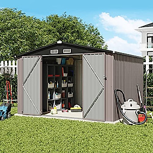 Verano Garden 8’x10’ Outdoor Storage Shed, Large Galvanized Steel Metal Garden Shed, Double Door W/Lock, Outdoor Storage House for Backyard, Patio, Lawn