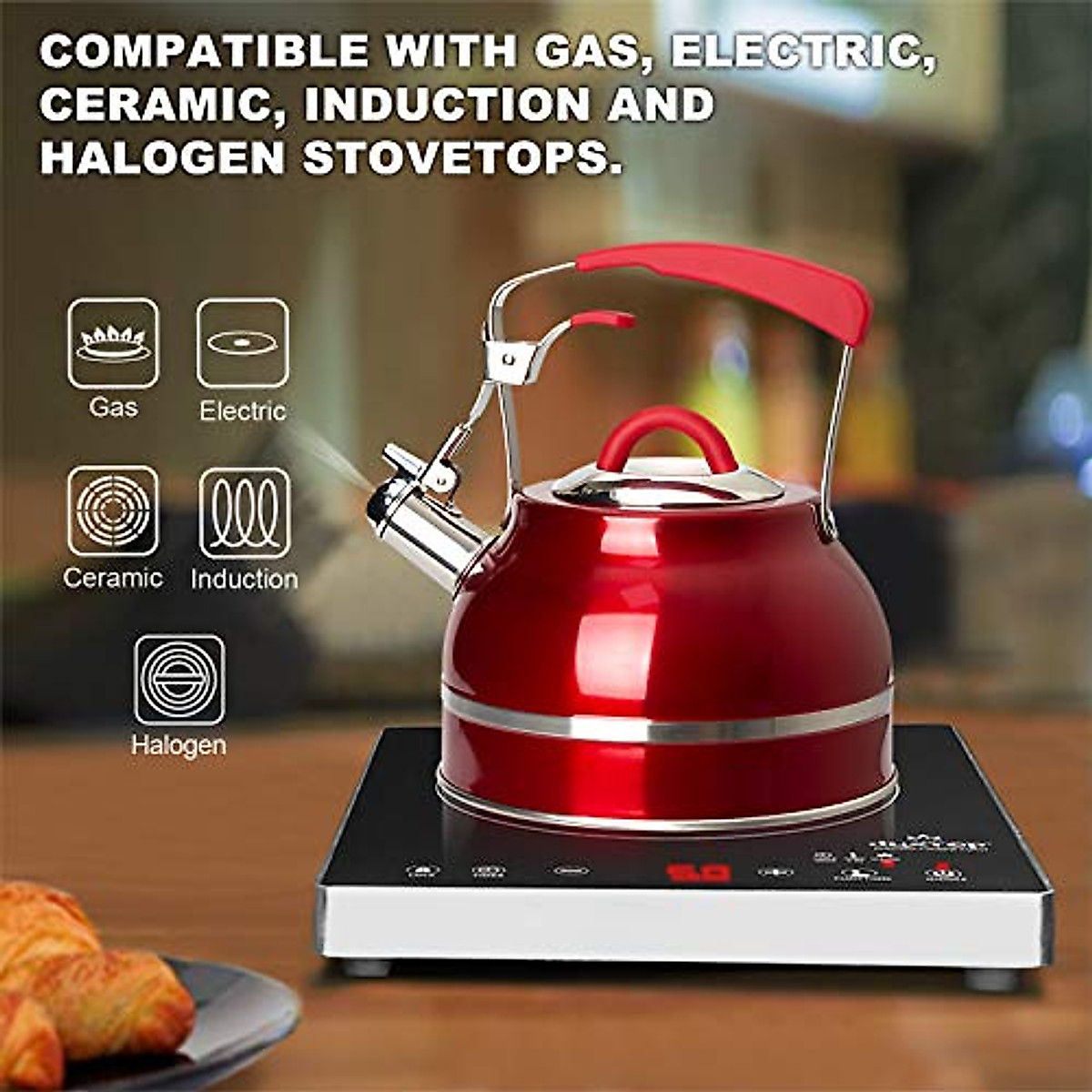 Secura Whistling Tea Kettle, 2.3 Qt Tea Pot, Stainless Steel Hot Water Kettle for Stovetops with Silicone Handle, Tea Infuser, Silicone Trivets Mat, Red