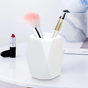 2 Pack Ceramic Pencil Holder,White Geometric Pen Cup Makeup Brush Holder for Girls Women,Desk Accessories Holder,Durable Desktop Organizer Pen Holder Ideal Gift for Office Home (White)