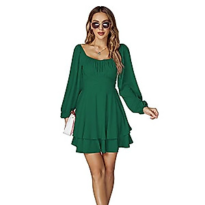 LYANER Women’s Lantern Long Sleeve Wrap Tie Back Square Neck Double Layer Ruffle Hem A Line Short Mini Dress Green Medium