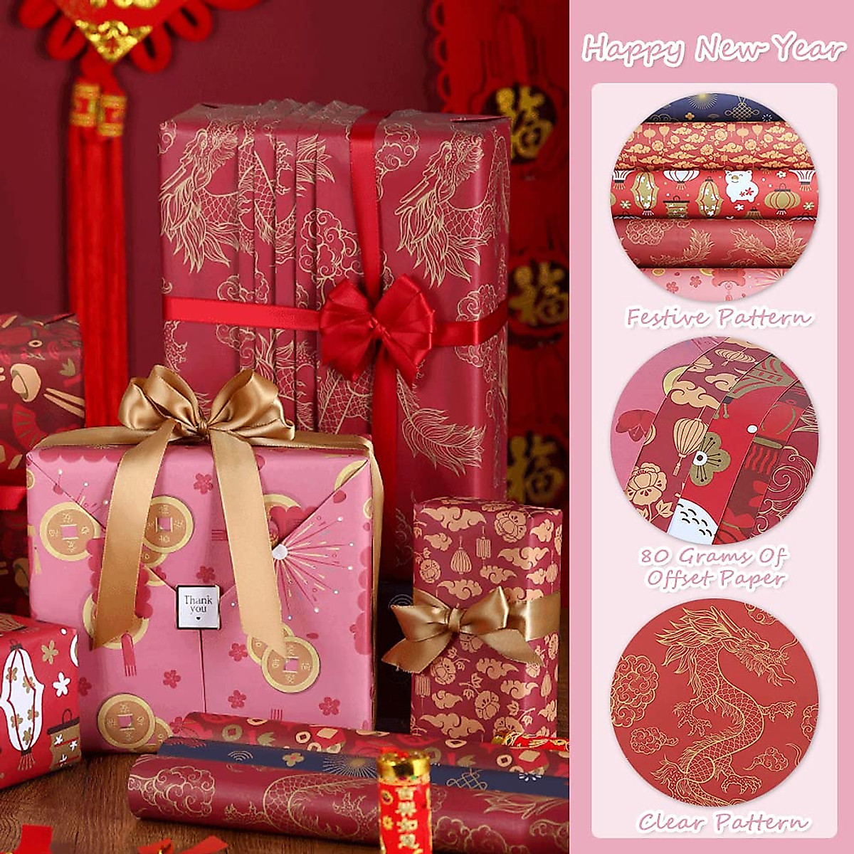Gift Birthday Wrapping Paper Eastern China Theme For Mom Dad Boys Girls Friends, 20x28" Per Sheet(6 sheets:23 sq.ft.ttl.) Red Gift Wrap for Chinese Lunar New Year 2022 Spring Festival Wedding Baby Shower Christmas