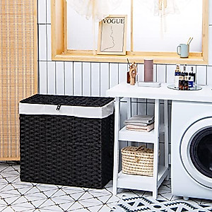 GOFLAME Laundry Hamper with Lid and Wheels, Hand Woven Rattan Clothes Hamper with 125L Large 3 Divided Sections and 2 Removable and Washable Liner Bags, Dirty Clothes Hamper Storage with Handles