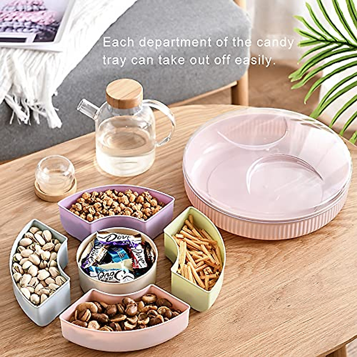 SOUJOY 2 Pack Divided Serving Tray with Lid, 11'' Plastic Round Veggie Tray, Reusable 5 Compartment Party Platter for Candy, Appetizer, Snack, Fruit, Nuts, Veggie, Parties