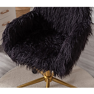 SSLine Faux Fur Vanity Chair Elegant Pink/White/Grey Furry Makeup Desk Chairs for Girls Women Modern Comfy Fluffy Arm Chair with Wheels in Bedroom Living Room (Black&Gold)