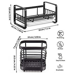 YVMVDV Kitchen Sink Caddy Sponge Holder for Sink, 304 Stainless Steel Sink Caddy Organizer with Drain Pan,Kitchen Organizer Soap Brush Dispenser with Brush Dishrag Holder Rack (Black)