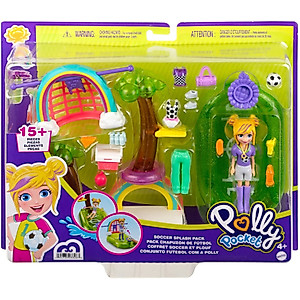 ​Polly Pocket Soccer Splash Pack with 3-inch Polly Doll, Field/Pool, Ball Launch Feature, Rainbow Soccer Net, Soccer Ball, Soccer & Fashion Accessories, Great Gift for Ages 4 Years Old & Up