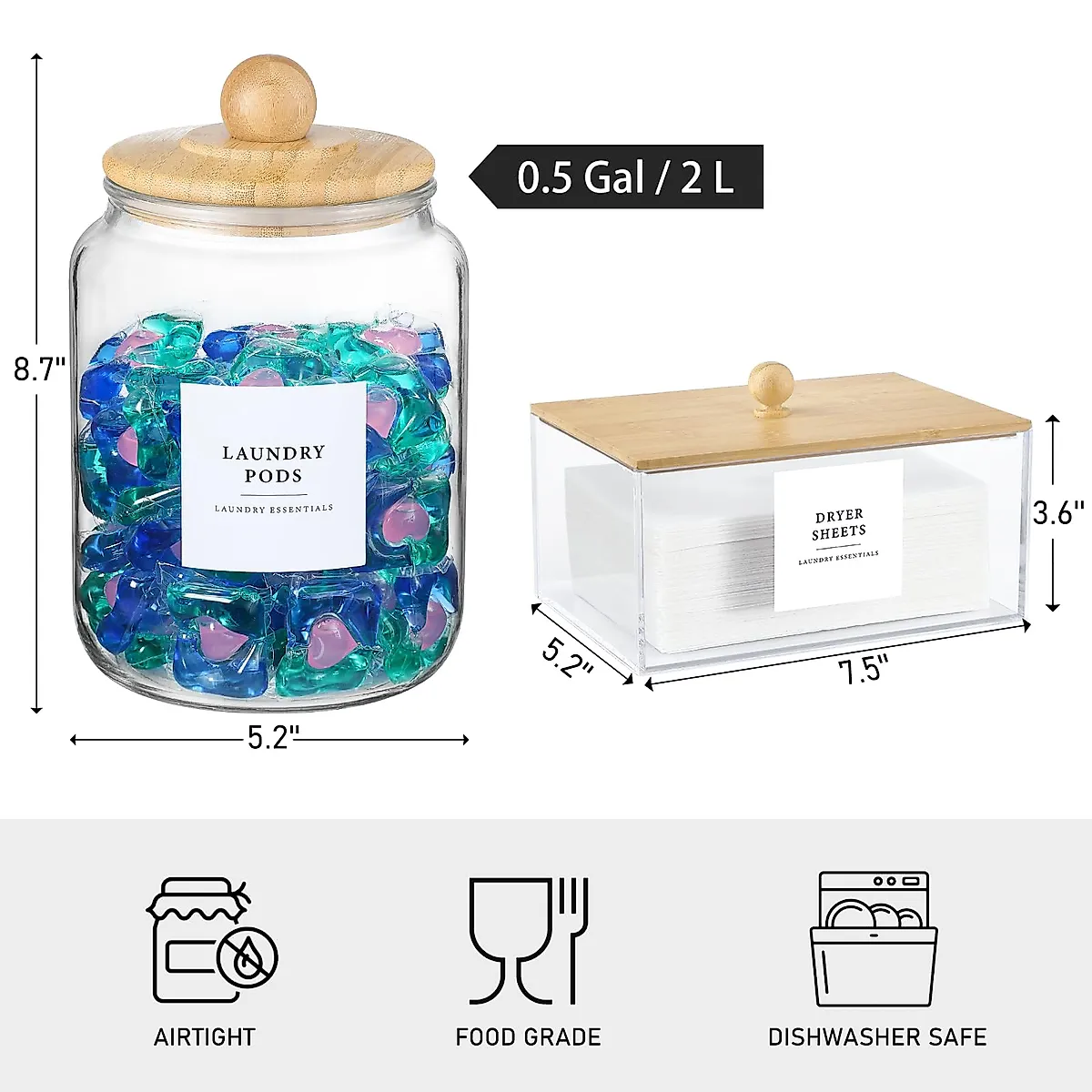 Glass Jars and Dryer Sheet Holder with Bamboo Lids, Dispenser Set and Labels, Containers for Laundry Room Organization and Storage, Half Gallon Airtight jars, Acrylic Storage Box for Laundry supplies