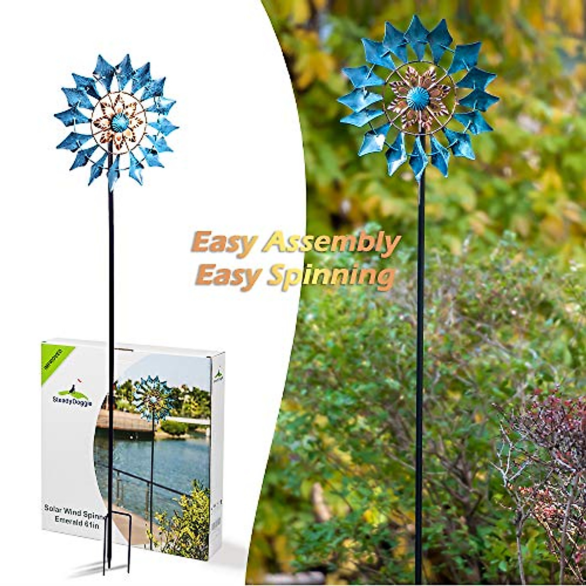 Wind Spinner Emerald 61in Single Blade Easy Spinning Kinetic Wind Spinner for Outside – Vertical Metal Sculpture Stake Construction for Outdoor Yard Lawn & Garden