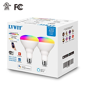 LVWIT Wi-Fi Smart Light Bulb Alexa, BR30 Smart LED, Work with Google Assistant, Smart Life App, Tuya App, 60W Equivalent, RGB Color Changing Light Bulbs (8.5W), No Hub Required, 2-Pack