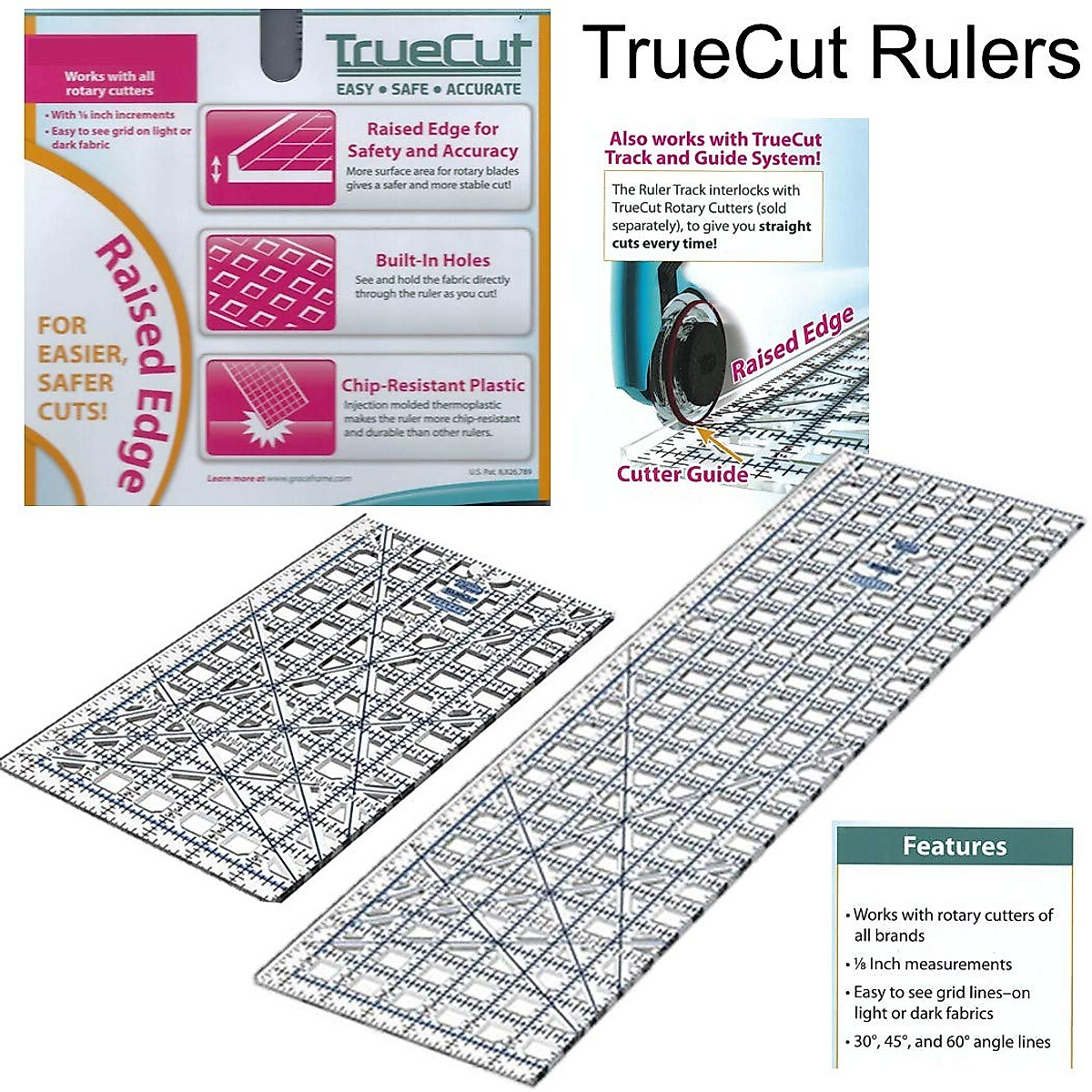 TrueCut Rotary Cutter Set - 3 Items: Large TrueCut Quilting Ruler (24.5-Inch by 6.5-Inch), Medium TrueCut Quilting Ruler (12.5-Inch by 6.5-Inch) and My Comfort Cutter Ergonomic Rotary Cutter (45mm)