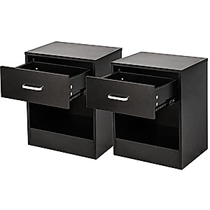 Set of 2 Nightstands with Storage Drawer, Modern End Side Table with Storage Shelves, Small Bedside Table Nightstand Storage Cabinet for Bedroom, Accent Funiture Sofa Side Table for Small Space, Black