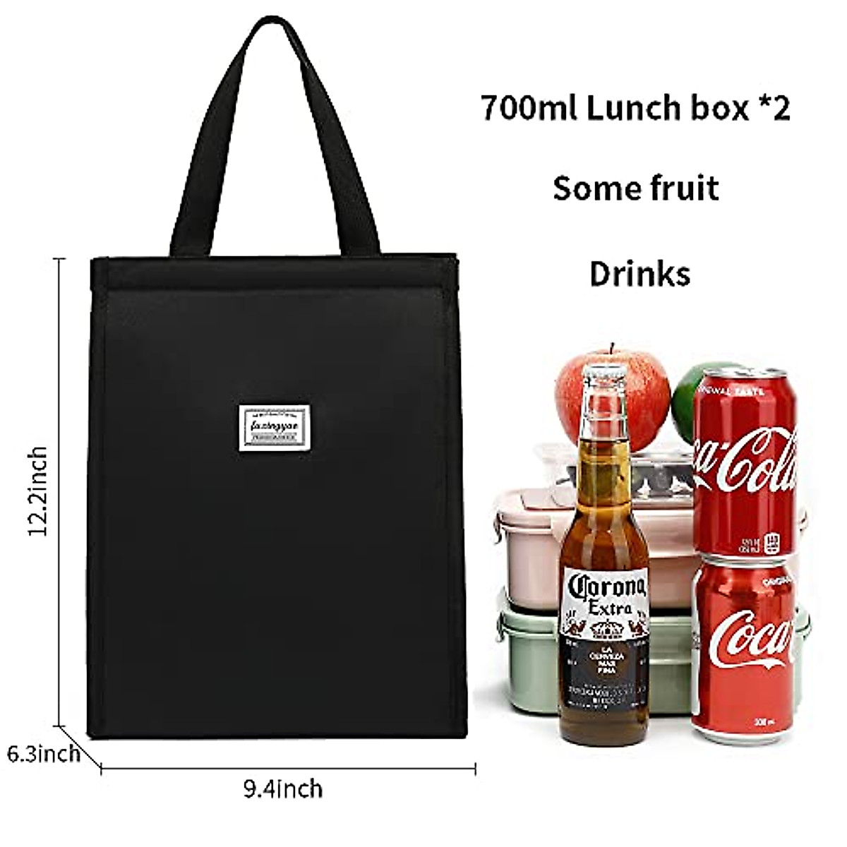 FUXINGYAO Lunch Bag, Reusable Lunch Tote, Lunch Box for Adult Women Men, Insulated Bag Applies to Work, School, Beach or Travel(Black)