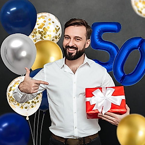 Blue and Gold 50th Birthday Party Decorations for Him Her, Happy Birthday Banner, Number 50 Foil Balloon, Navy Blue and Gold Birthday Decorations Supplies by BRT Bearingshui