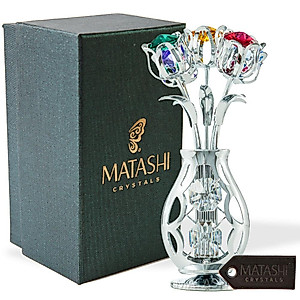 Matashi Best Gift for Mom Flowers Bouquet in Vase Ornament with Multi Coloured Crystals Home Decorative Tabletop Decorations Showpiece for Living Room Bedroom Gift for Mother's Day - Birthday