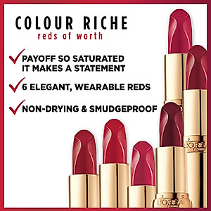 L'Oreal Paris Colour Riche Red Lipstick, Long Lasting, Satin Finish Smudge Proof Lipstick with Hydrating Argan Oil & Vitamin E, Reds of Worth, Respected Red, 0.13 Oz