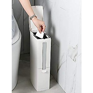 Cq acrylic Slim Plastic Trash Can 1.3 Gallon, Trash can with Toilet Brush Holder, 5 Liter Garbage Can with Press Top Lid, White Rectangular Modern Waste Can for Bathroom
