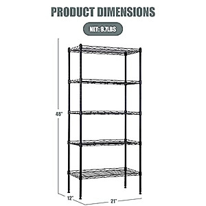 NChanmar 5-Tier Metal Shelving Unit Storage Shelves Metal Shelves 48"x21"x12" Heavy Duty Metal Storage Rack Wire Rack NSF Height Adjustable for Home Kitchen Bathroom Garage Shelving(Black)