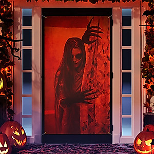 Halloween Theme Backdrop Door Banner Zombie Vampire Creepy Devil Hand Haunted House Terror Theme Happy Halloween Party Decoration Supplies for Men Boys Red