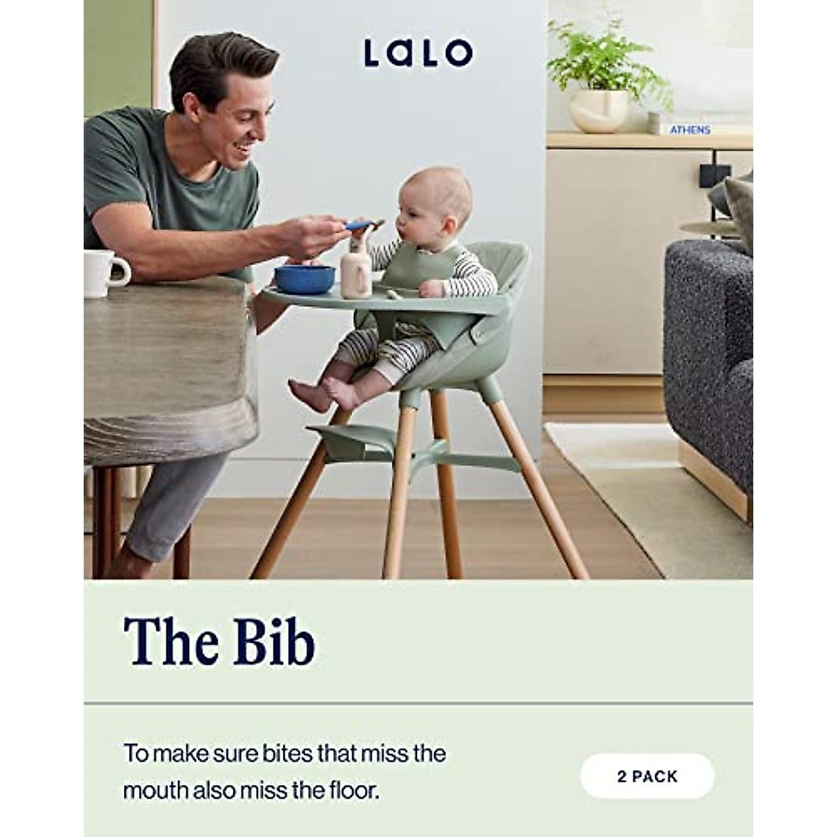 Lalo The Bib - Waterproof, Non-Toxic Silicone Baby Bib with Adjustable Neck Band & Silicone Food Pouch Catcher, Set of 2 - Sage