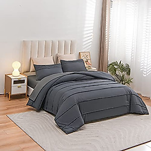 Holawakaka Grey Pleated Comforter Set with Sheets, Full/Queen Size Textured Striped Bedding Sets, Ruched Bed in A Bag 5pcs, Dark Grey