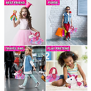 DolliBu Cotton Candy Pink Unicorn Plush Toy Pet Carrier - Cute Unicorn Stuffed Animal Pet Purse for Girls, Removable Sparkly White Unicorn Plush Toy in Fluffy Pink Handbag for Dress Up, Pretend Play