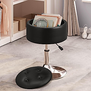 GREENSTELL Vanity Stool with Storage, 19" to 23" Height Adjustable PU Leather Vanity Chair, 360° Swivel Makeup Stool with Removeable Tray, Modern Ottoman for Bedroom Bathroom, Black