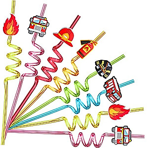 24 Fire Truck Party Favors Drinking Straws for Fire Truck Birthday Party Supplies with 2 PCS Straws Cleaning Brush